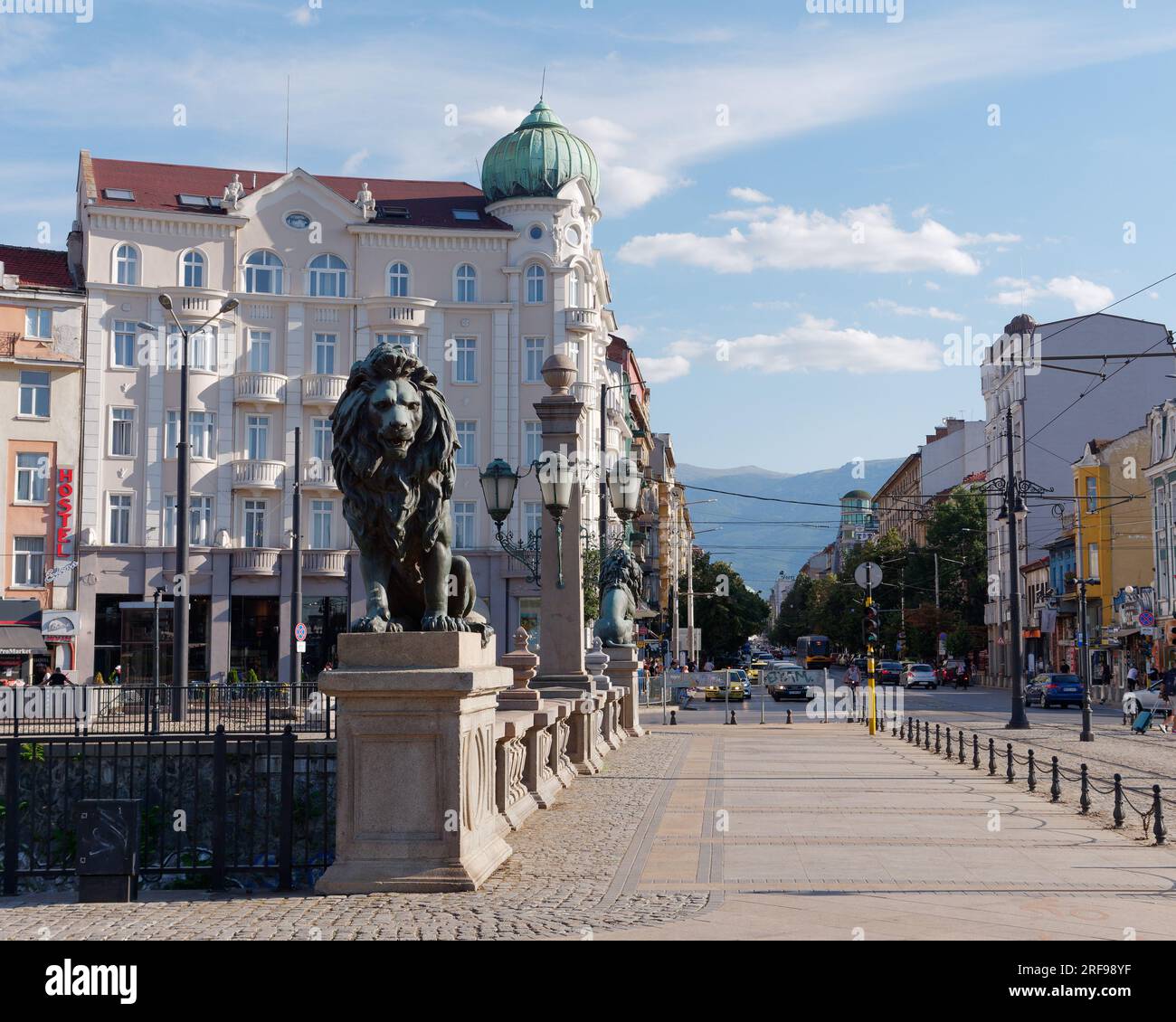 Lion's Bridge with Boulevard Knyaginya Maria-Luiza behind and hills in ...