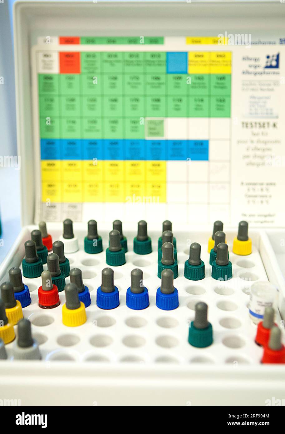 Allergological skin tests carried out by an allergist, allergen kit ...