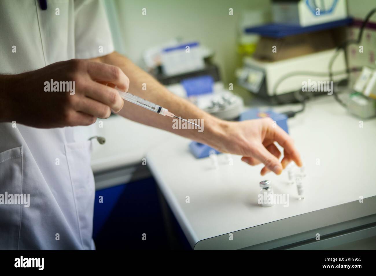 Allergological skin tests carried out by an allergist, allergen kit ...