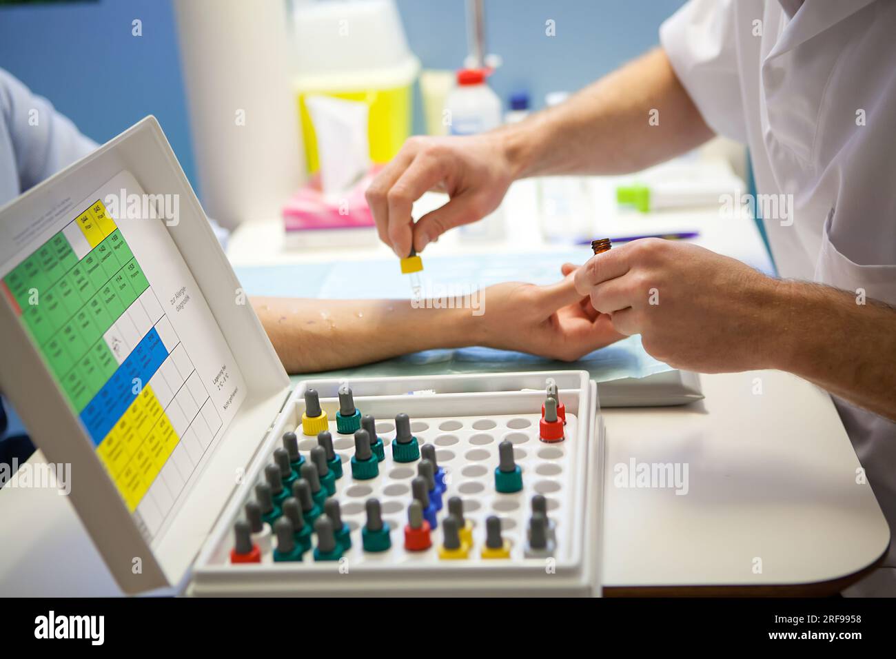 Allergological skin tests carried out by an allergist, allergen kit ...