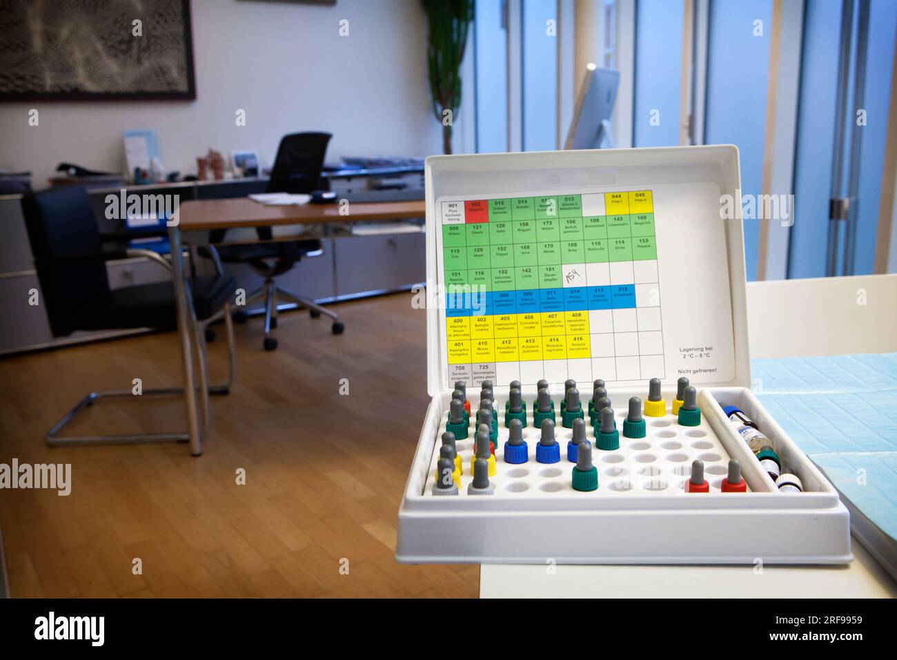 Allergological skin tests carried out by an allergist, allergen kit ...