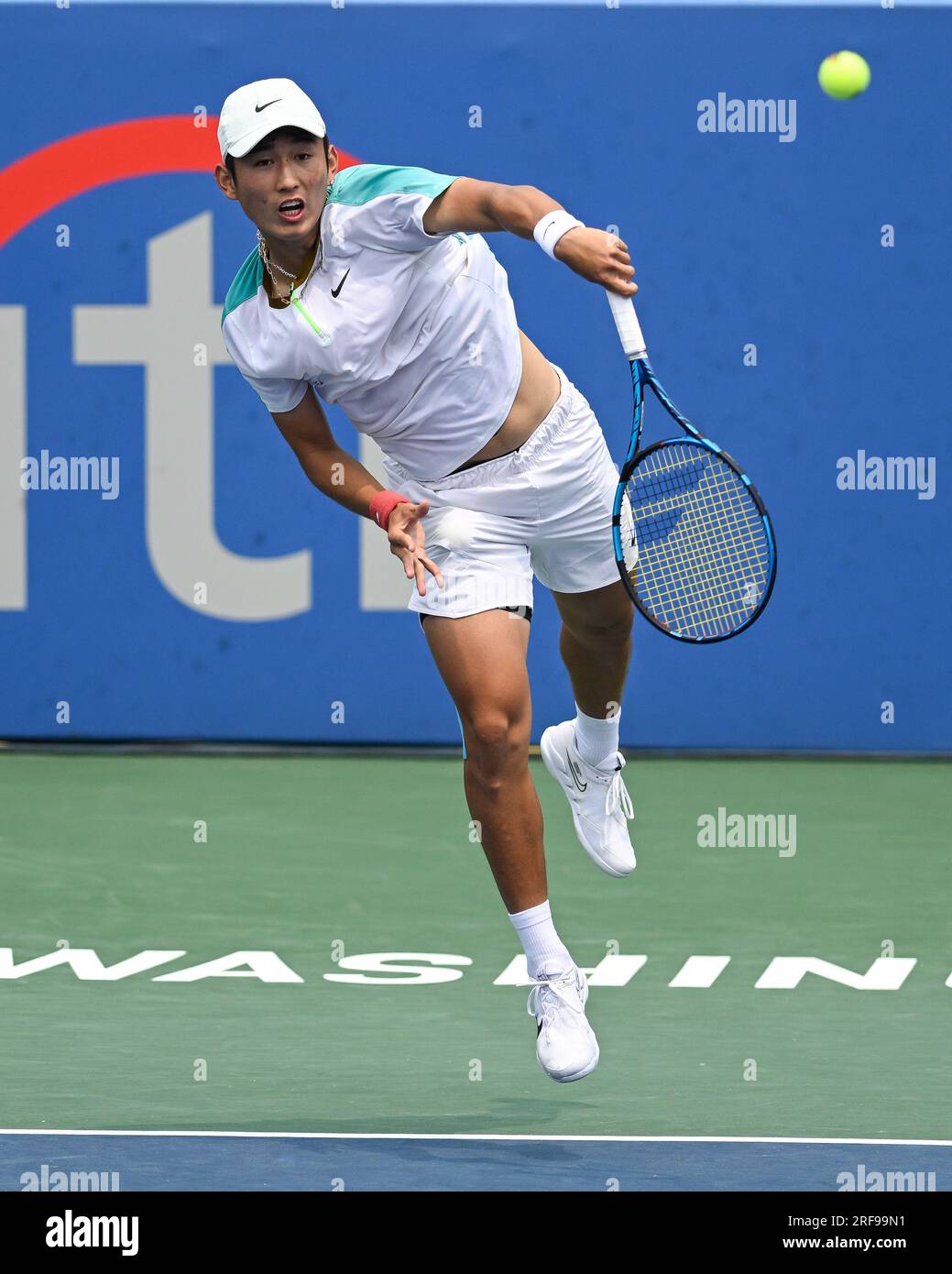 Washington, D.C, USA. 1st Aug, 2023. SHANG JUNCHENG hits a serve during ...