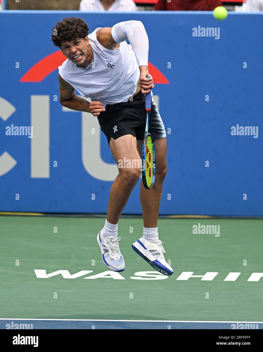 Washington, D.C, USA. 1st Aug, 2023. BEN SHELTON hits a serve during ...