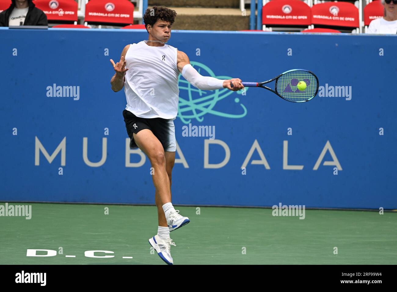 Washington, D.C, USA. 1st Aug, 2023. BEN SHELTON hits a forehand during ...