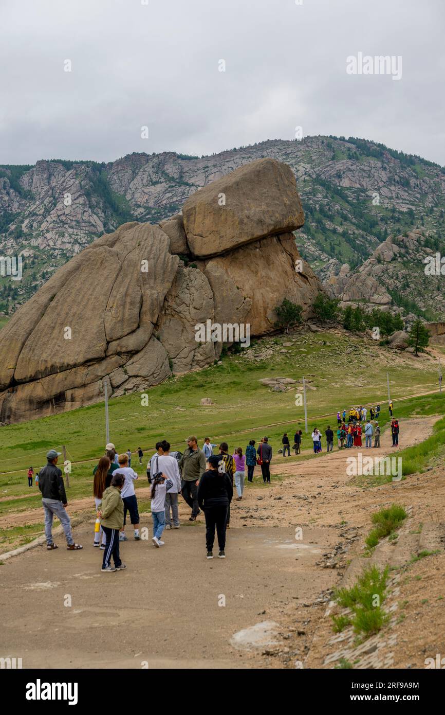 Tourists at Turtle Rock in Gorkhi Terelj National Park, which is 60 km ...