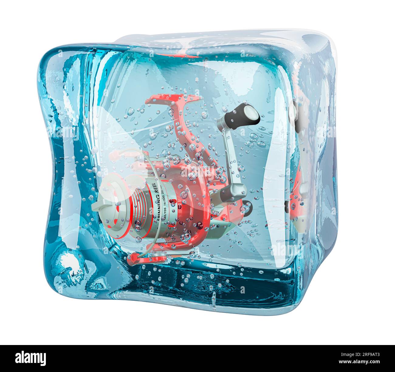 Spinning reel frozen in ice cube, 3D rendering isolated on white ...