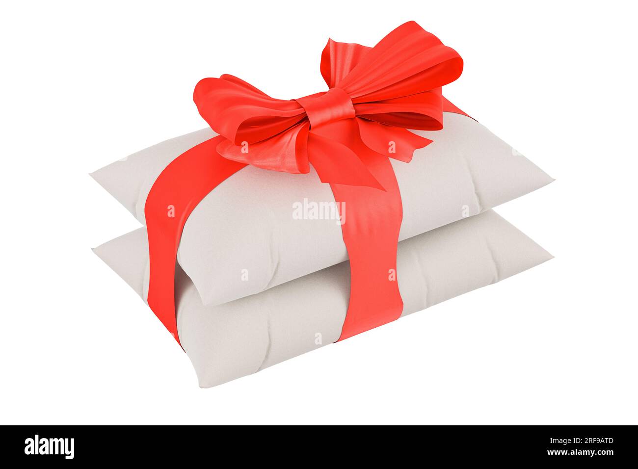 White pillows with red ribbon and bow, present concept. 3D rendering ...