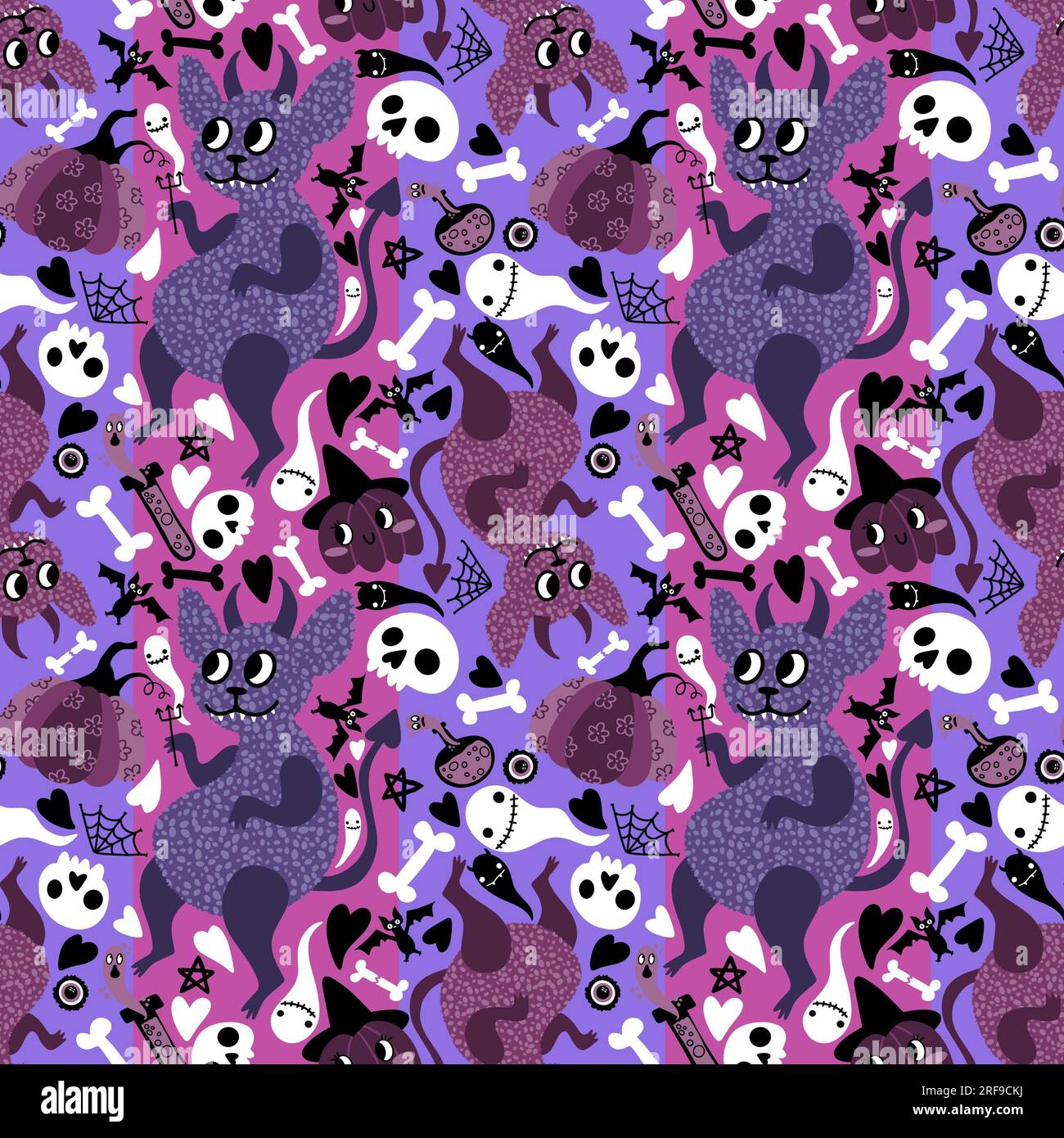 Cartoon Halloween monsters seamless devils and pumpkins and ghost animals skulls pattern for ...