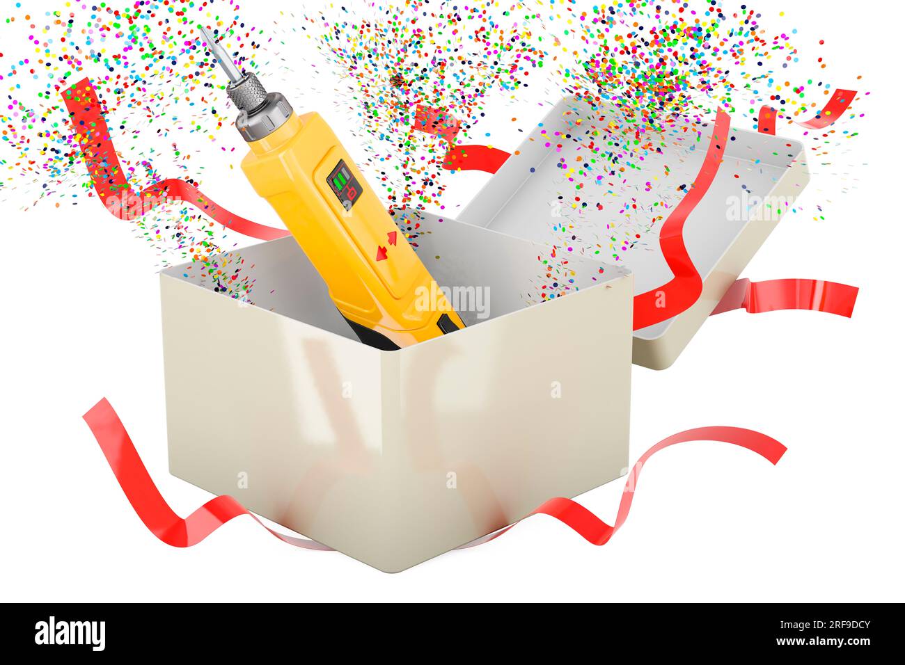 Cordless screwdriver inside gift box, 3D rendering isolated on white ...
