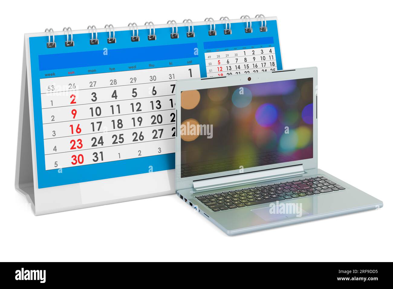 Laptop with opened display with desk calendar, 3D rendering isolated on ...