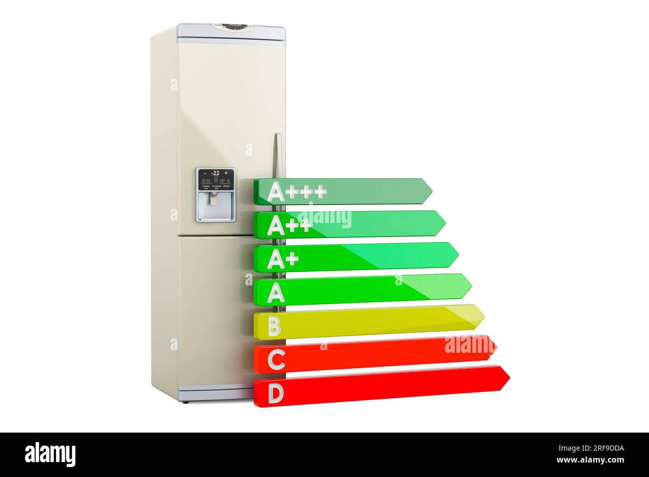 Refrigerator with energy efficiency chart, 3D rendering isolated on ...