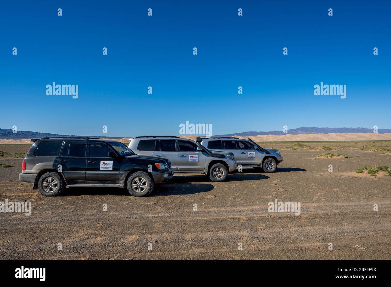 Toyota Land Cruisers at the Hongoryn Els sand dunes in the Gobi Desert ...