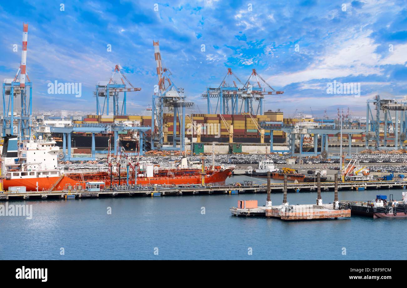 Israel, panoramic view of Haifa industrial port and terminal near ...