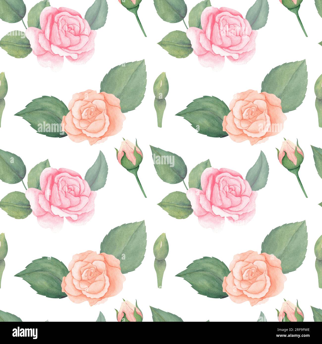 Seamless watercolor floral pattern - pink peach flowers elements, green ...