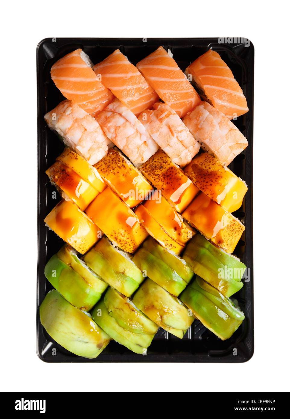 A set of bright multi-colored sushi rolls with shrimp, salmon, eel ...