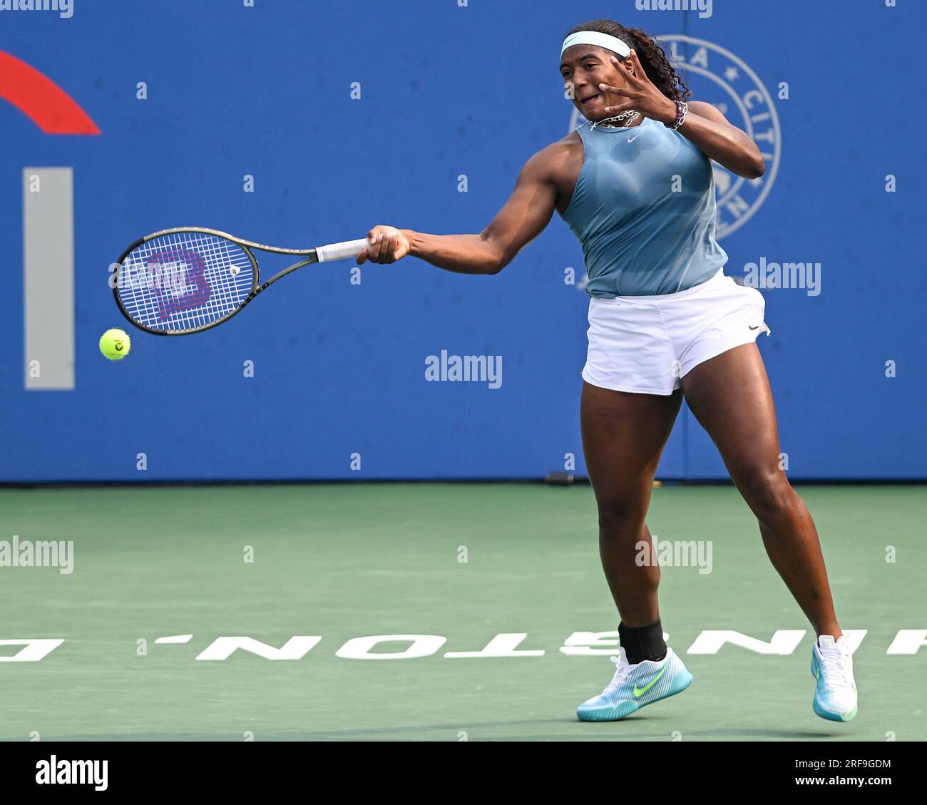 Washington, D.C, USA. 1st Aug, 2023. HAILEY BAPTISTE hits a forehand ...