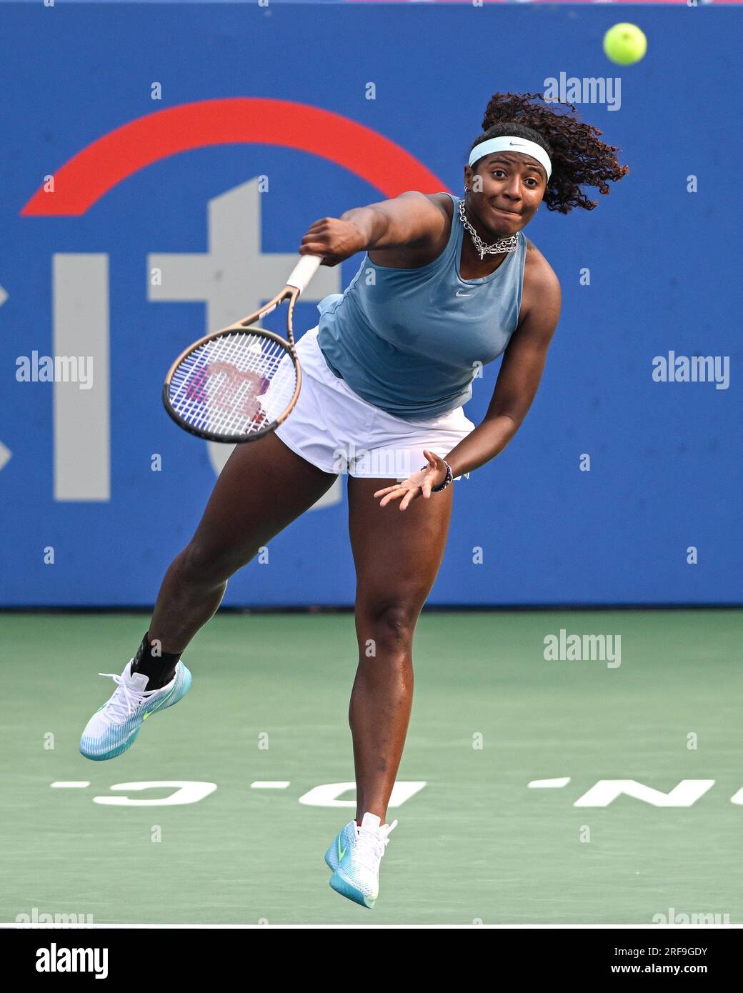 Washington, D.C, USA. 1st Aug, 2023. HAILEY BAPTISTE hits a serve ...