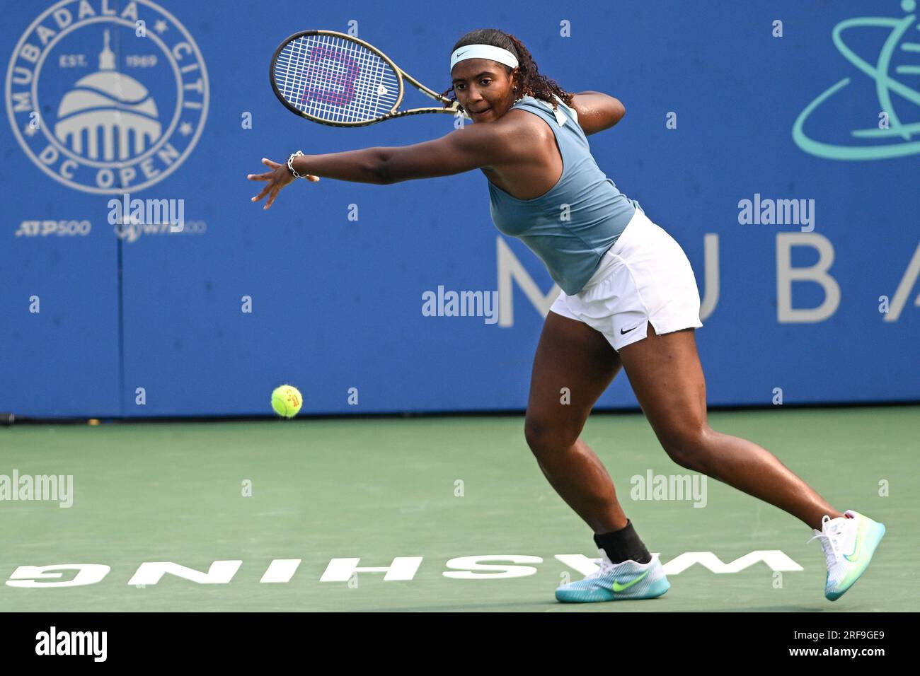 Washington, D.C, USA. 1st Aug, 2023. HAILEY BAPTISTE hits a forehand ...