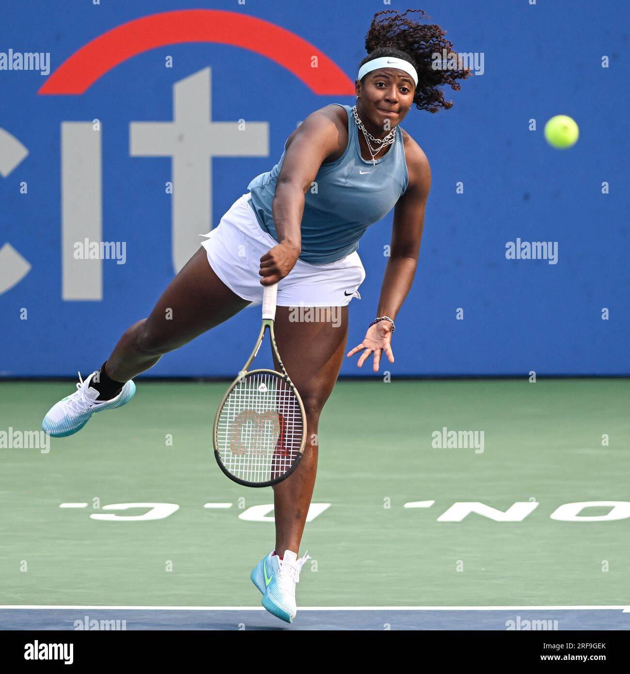 Washington, D.C, USA. 1st Aug, 2023. HAILEY BAPTISTE hits a serve ...