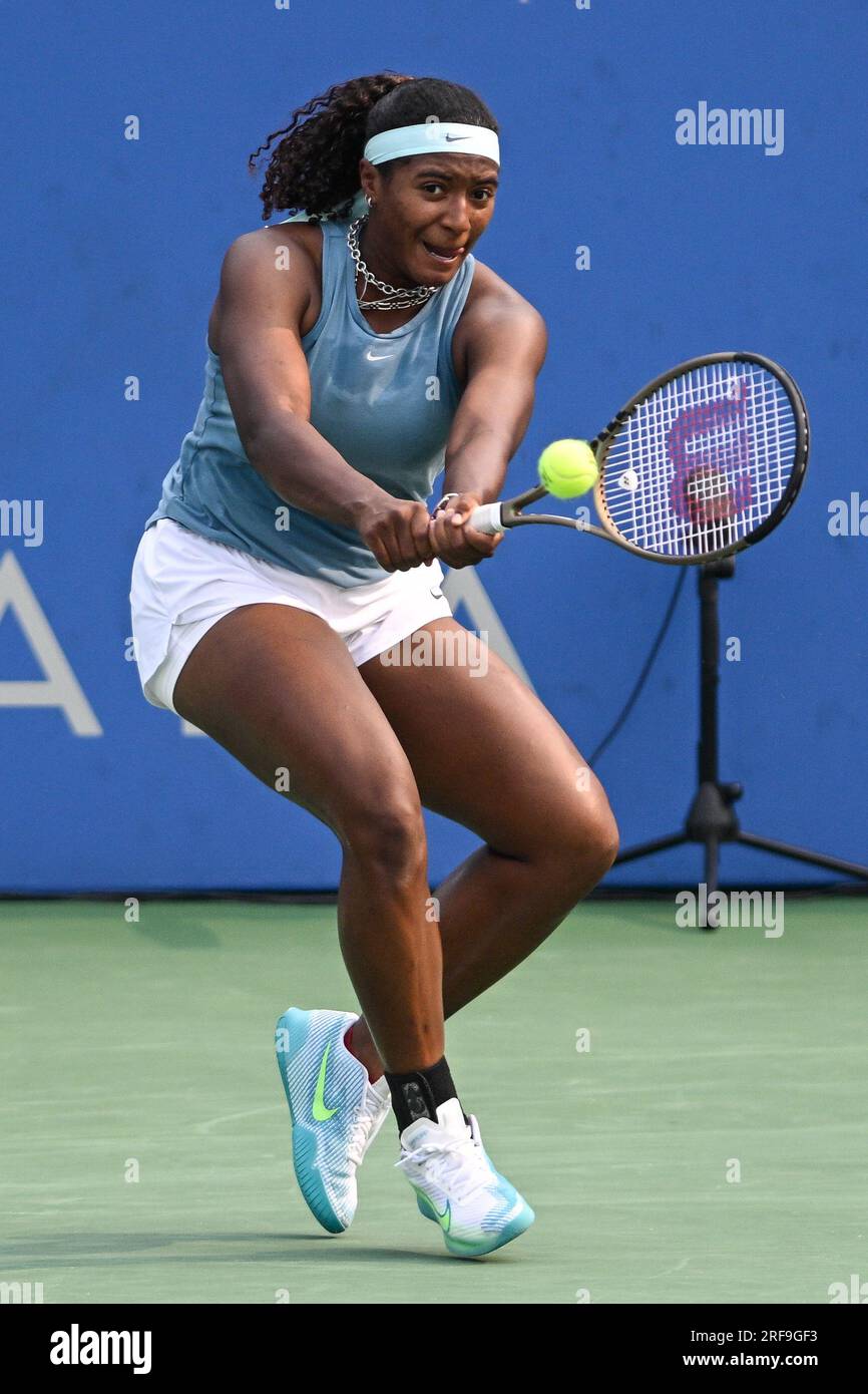 Washington, D.C, USA. 1st Aug, 2023. HAILEY BAPTISTE hits a backhand ...