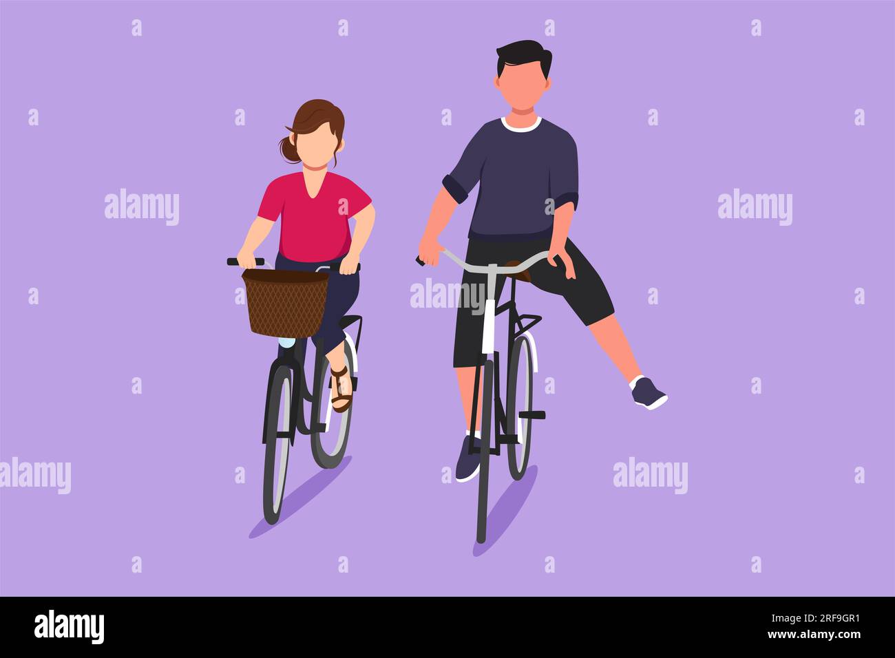 Character flat drawing happy funny young couple riding on bicycle ...