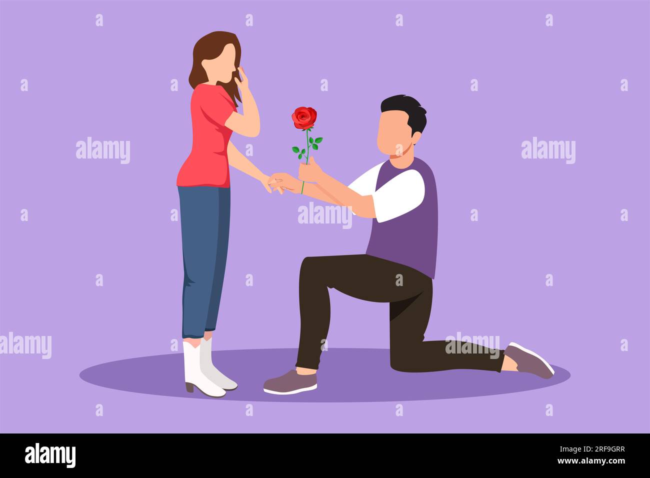 Cartoon flat style drawing handsome man on knee gives flowers to beauty ...