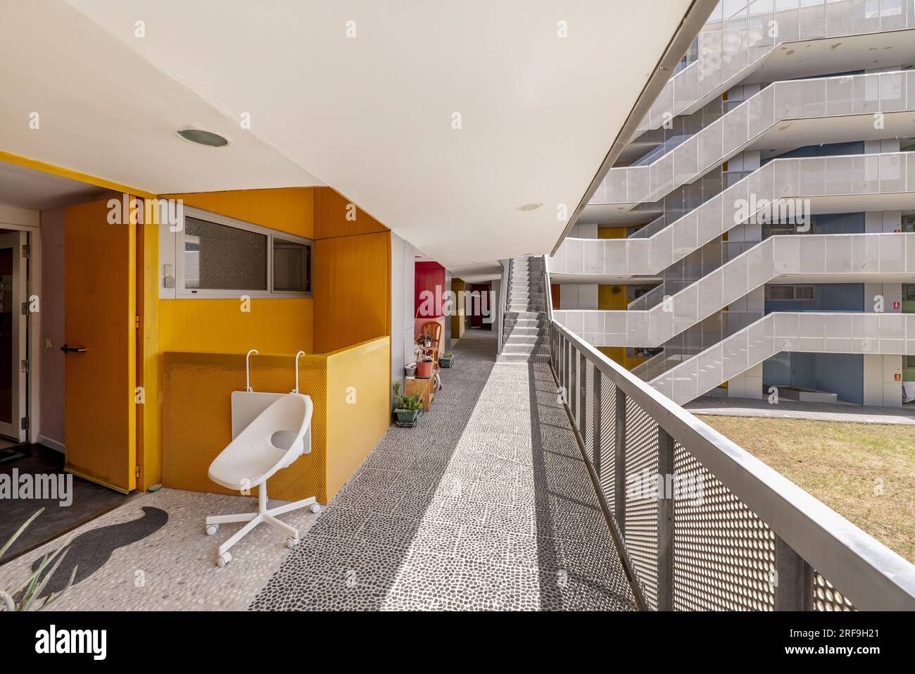 Interior facades with corridors with metal fences with grid of new ...