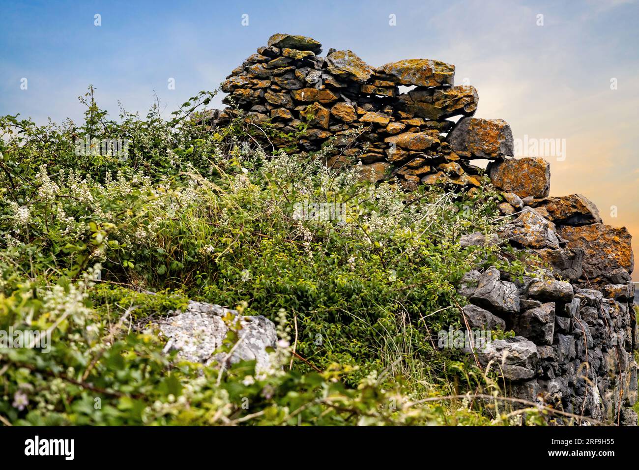 Old Irish celtic buildings stone ruins at coastline in summer Stock ...