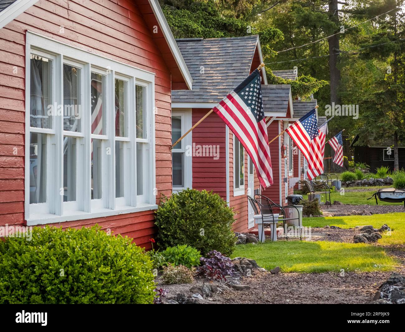 Cabins with America flags in Copper Harbor on the Keweenaw Peninsula in ...