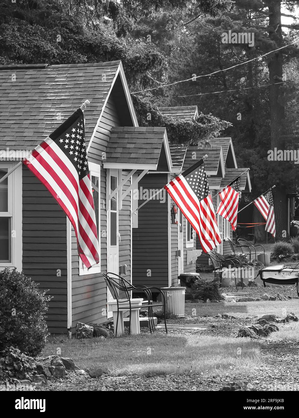 Cabins with America flags in Copper Harbor on the Keweenaw Peninsula in ...