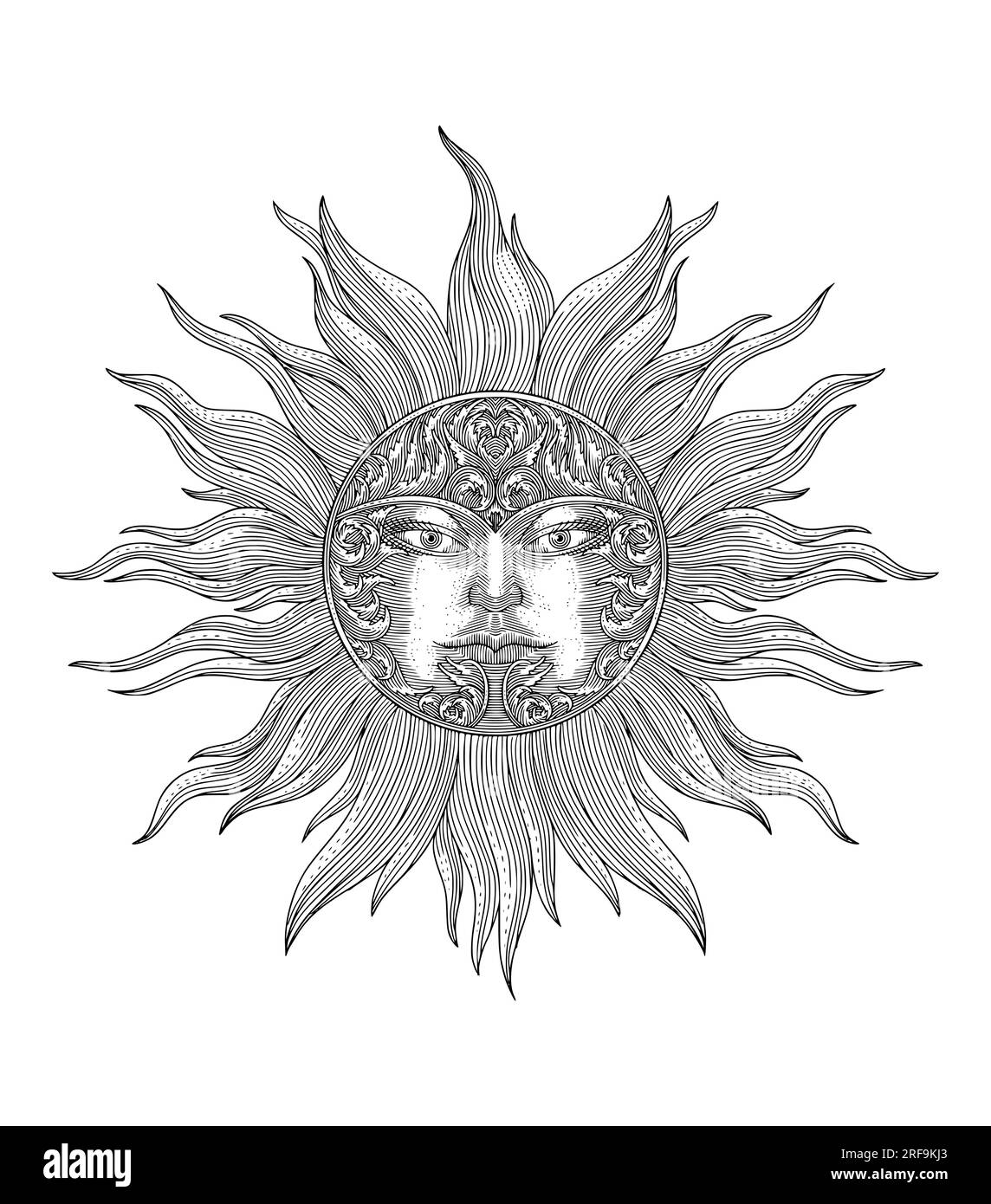 sun with face and floral ornament, vintage engraving drawing style ...