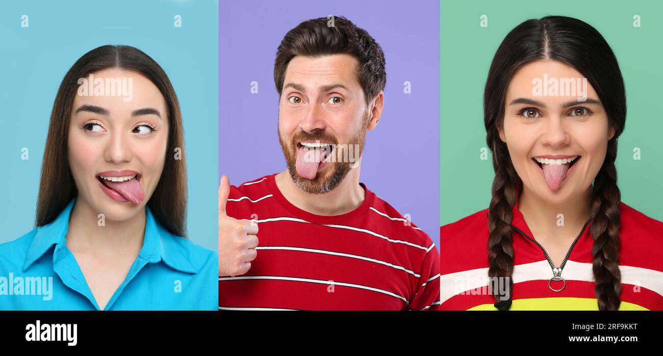 Collage with photos of people showing their tongues on different color ...
