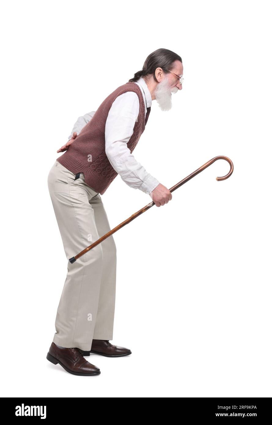 Senior man with walking cane on white background Stock Photo - Alamy