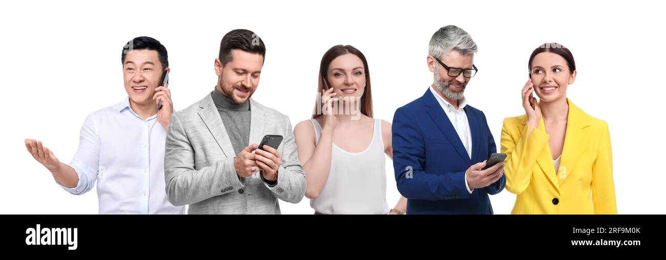 Collage with photo of people using mobile phones on white background ...