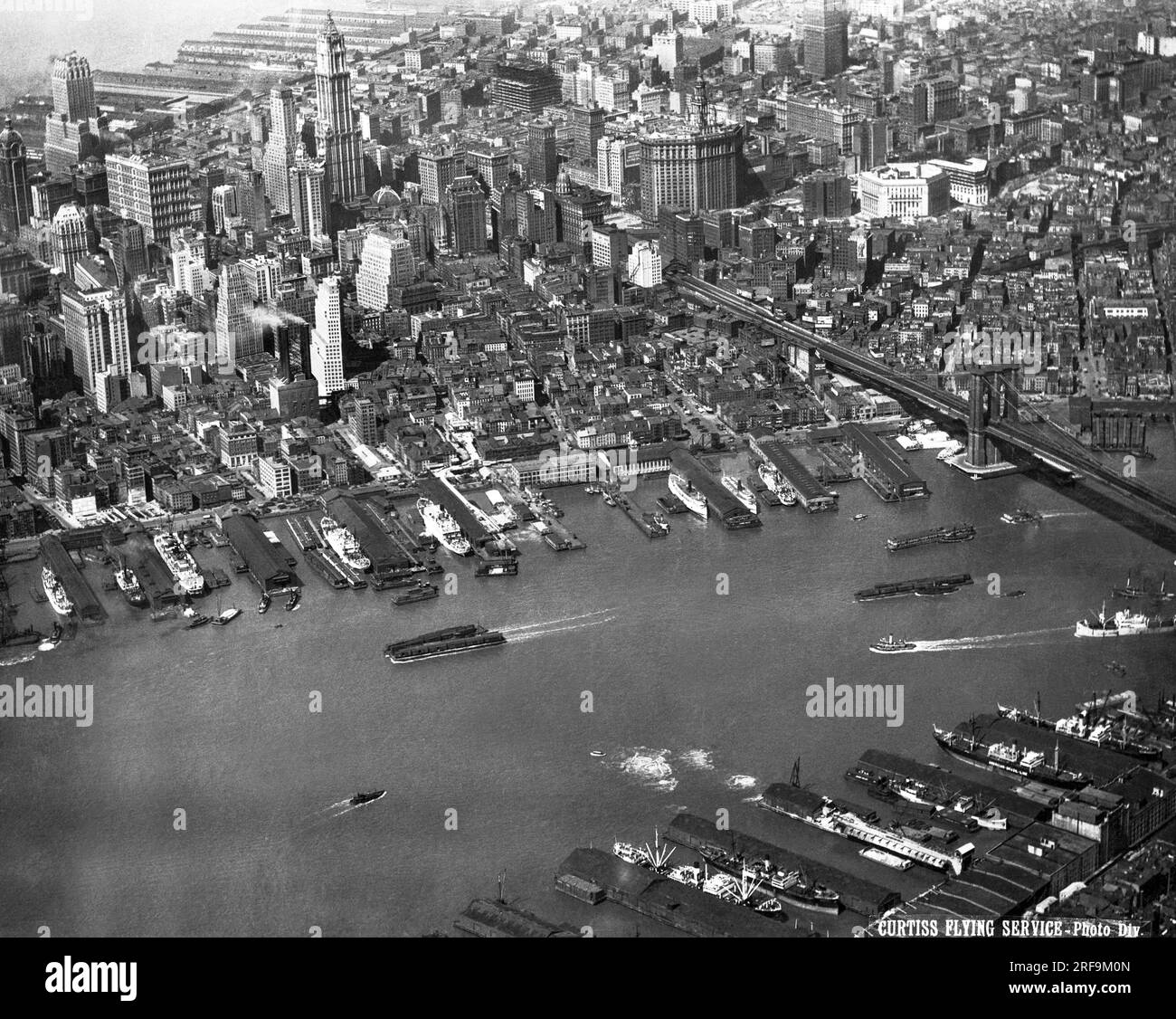 New York, New York: c. 1929 An aerial view of Lower Manhattan with the ...
