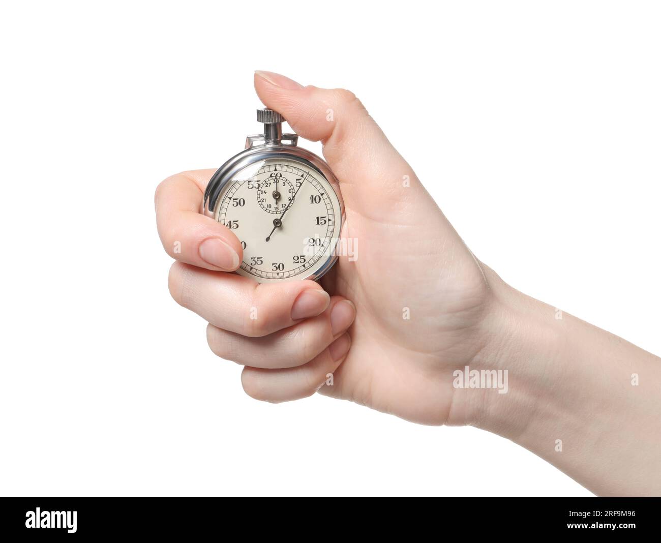 Woman holding vintage timer on white background, closeup Stock Photo ...