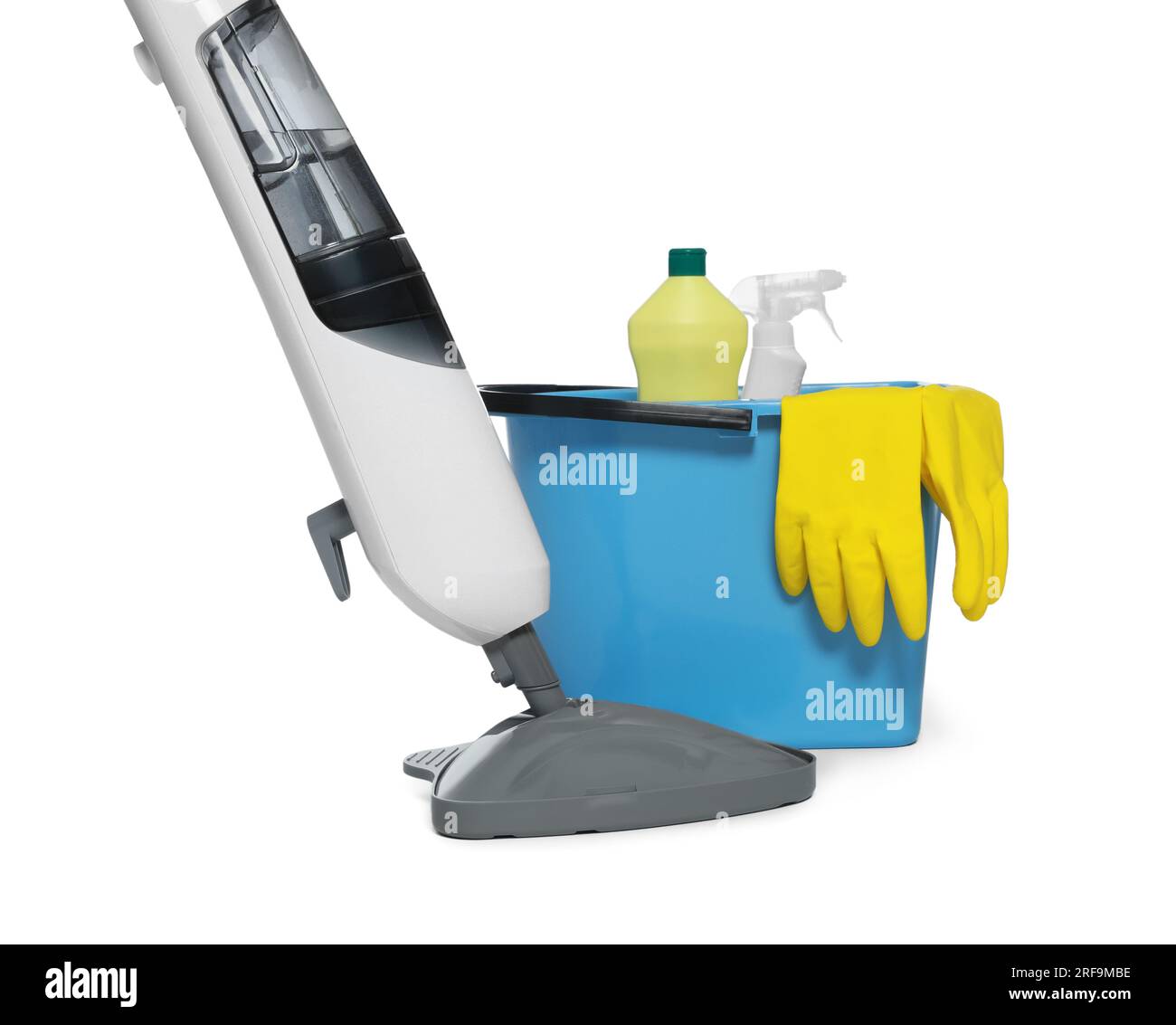 Modern steam mop and bucket with different cleaning supplies isolated ...