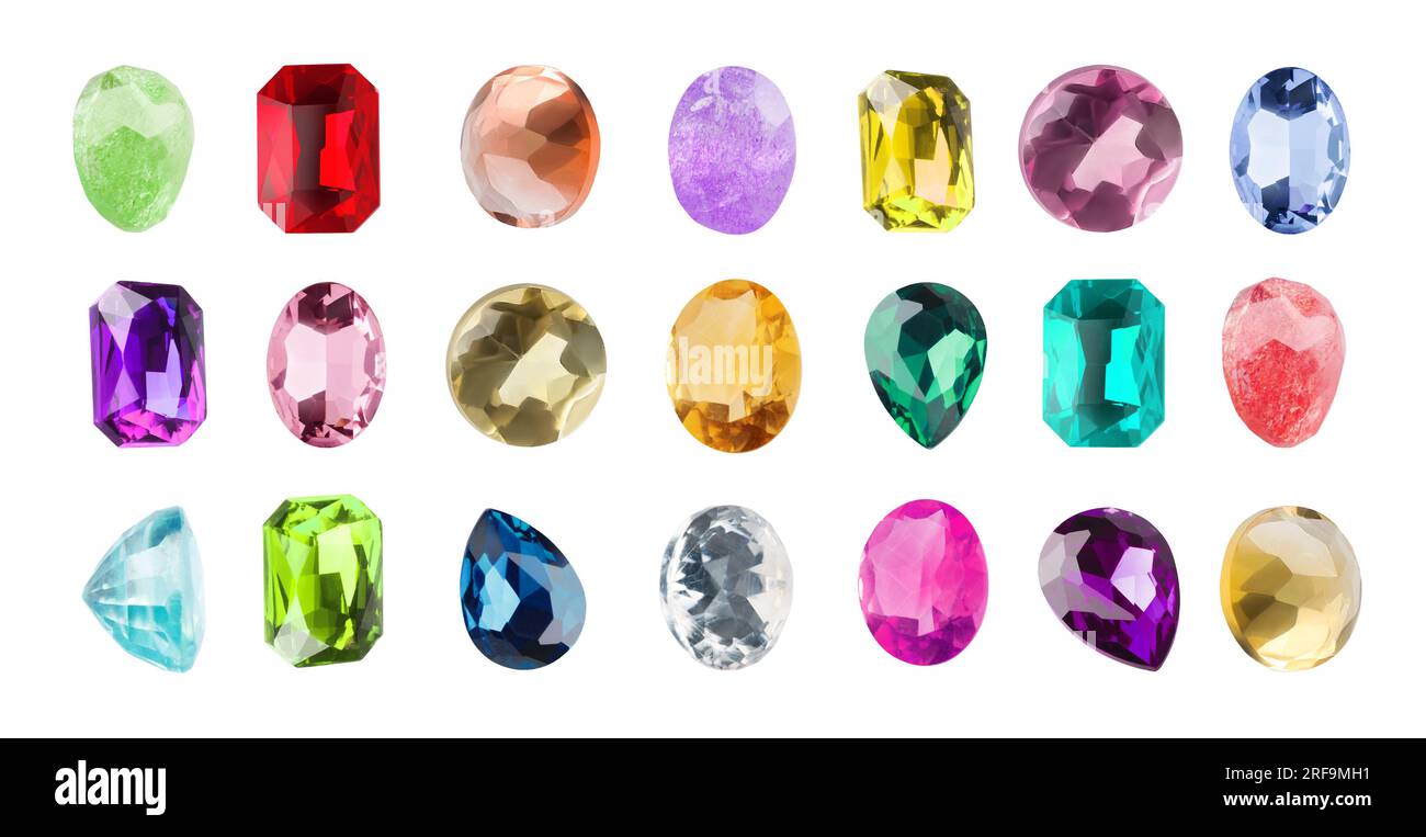 Set of different shiny gemstones for jeweler isolated on white Stock ...