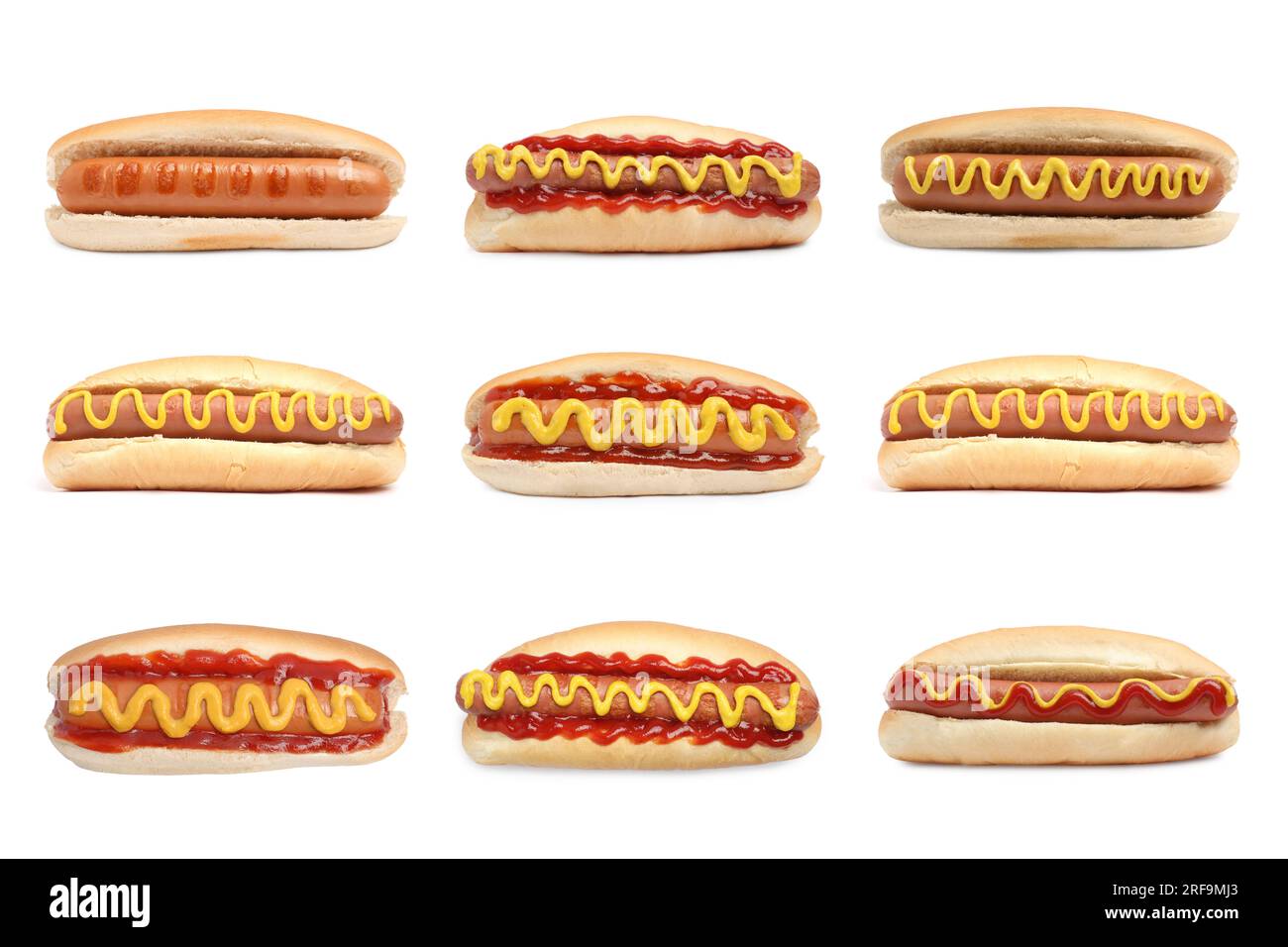 Set of different yummy hot dogs isolated on white Stock Photo - Alamy