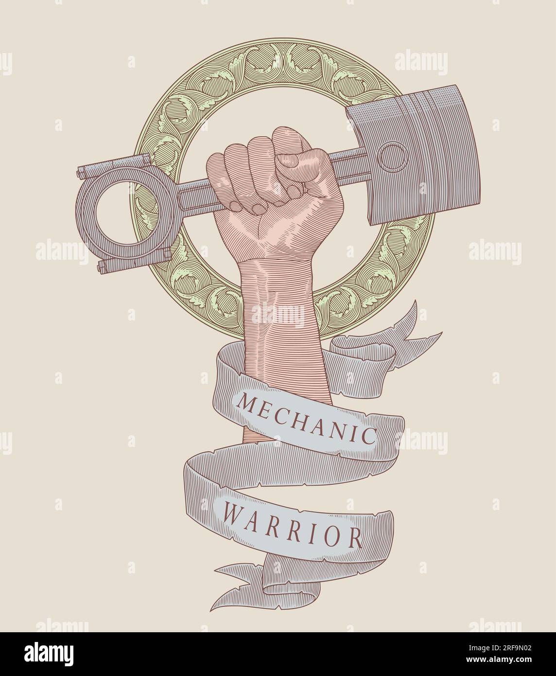 hand holding engine piston in antique circle frame and banner. Vintage ...