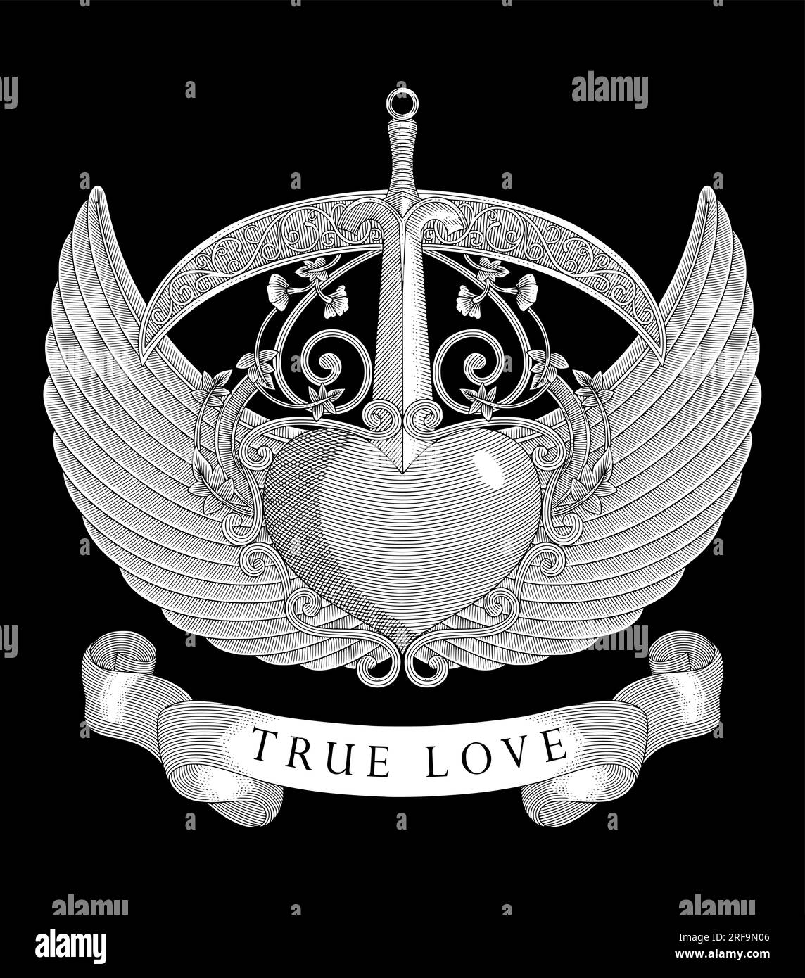 heart with sword, angel wings and floral ornament, Vintage engraving ...