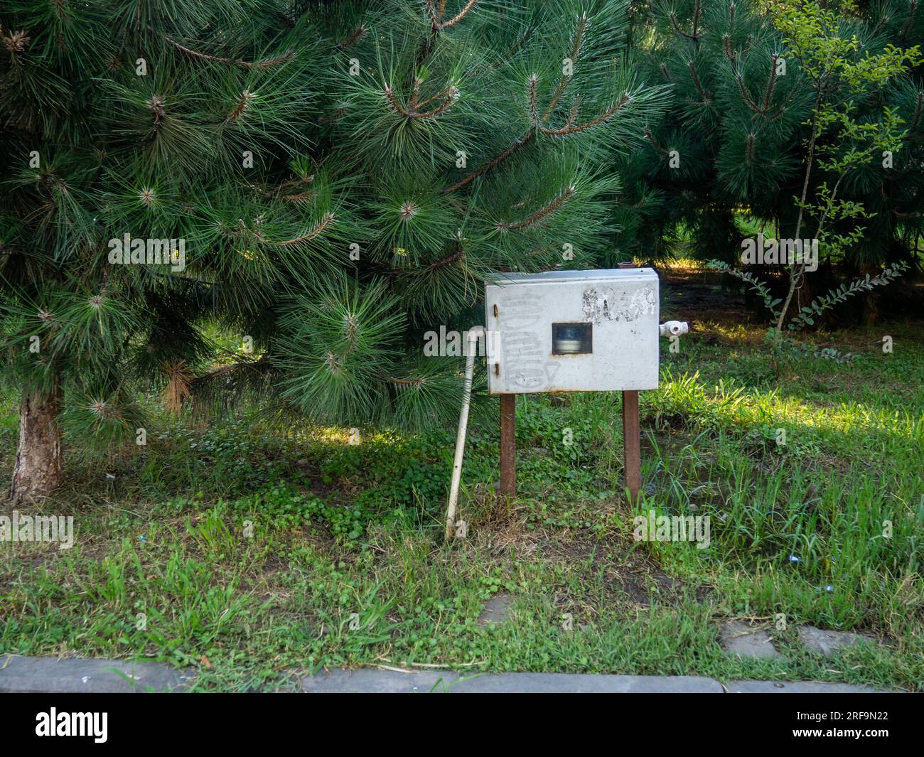 Electricity meters in the garden. Industry and nature. Counter concept ...