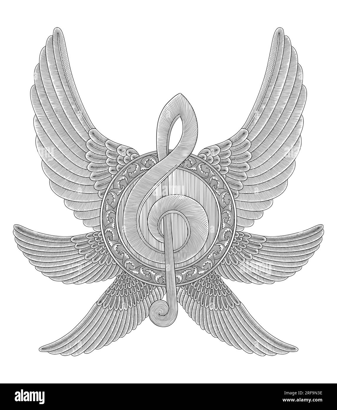 Music note with six wings and floral ornament, vintage engraving ...