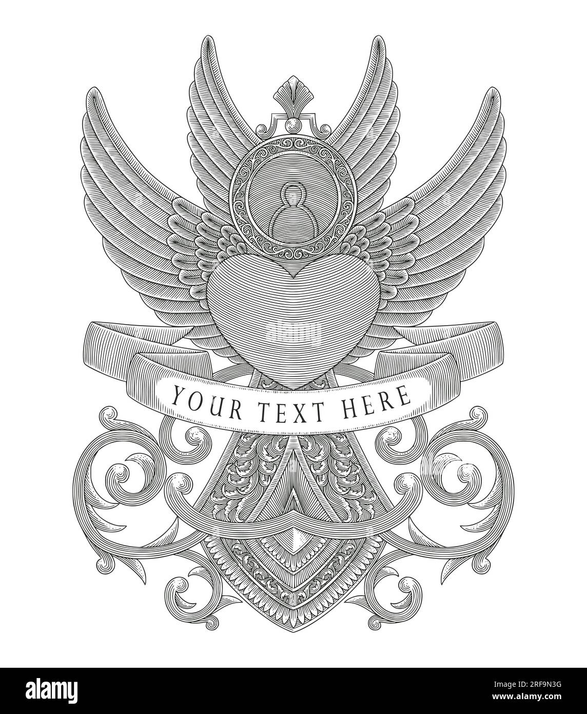 heart with wings, banner and floral ornament, Vintage engraving drawing ...