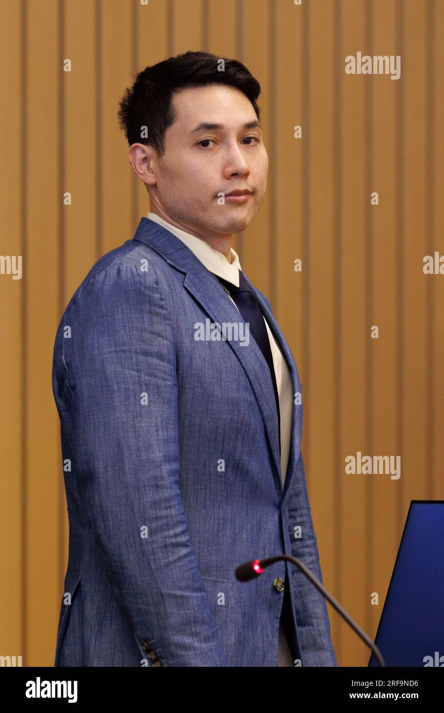 Portland, USA. 01st Aug, 2023. Andy Ngo is about to be sworn in to ...