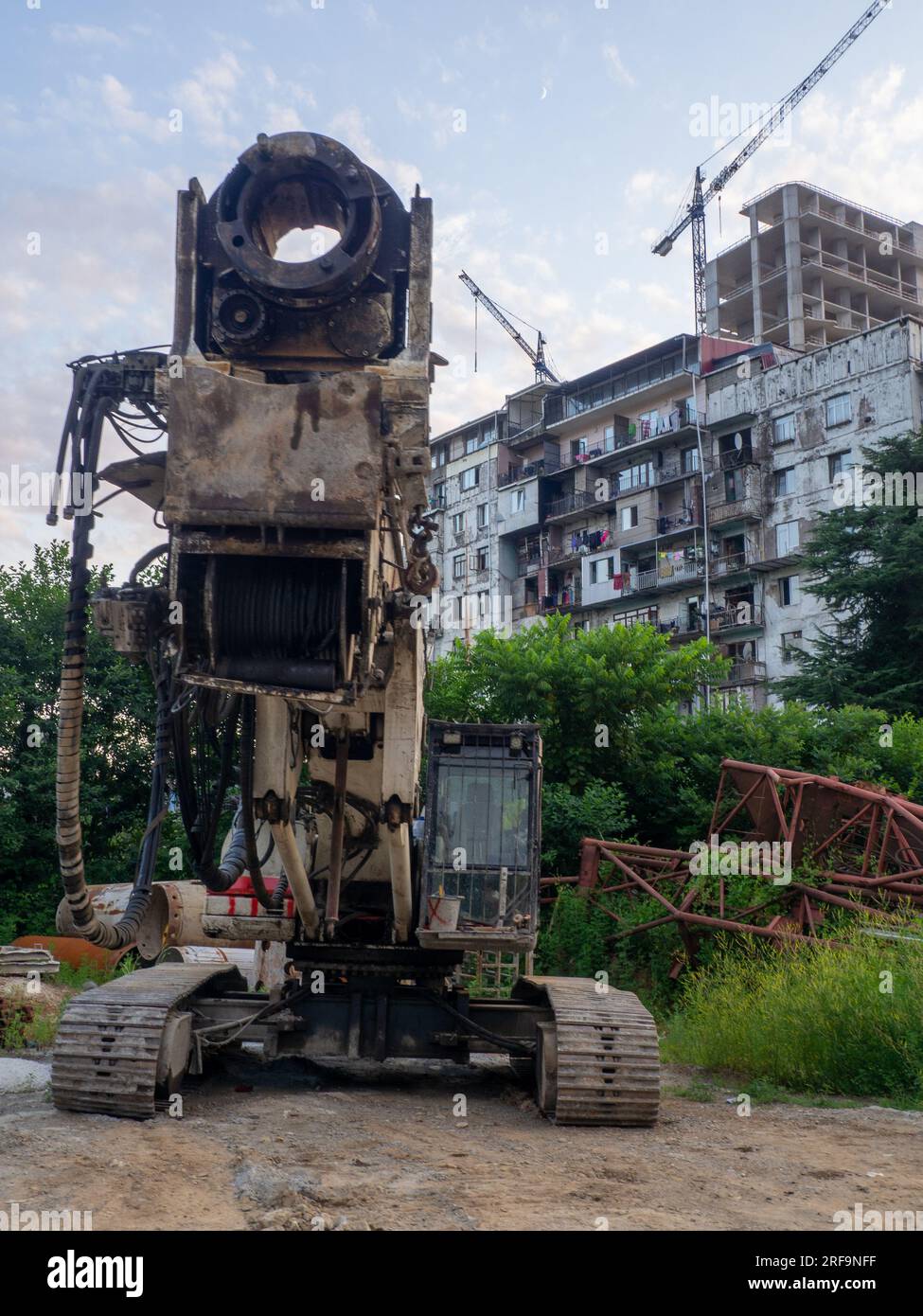 Construction equipment. Heavy machines for work. Driving piles. High ...