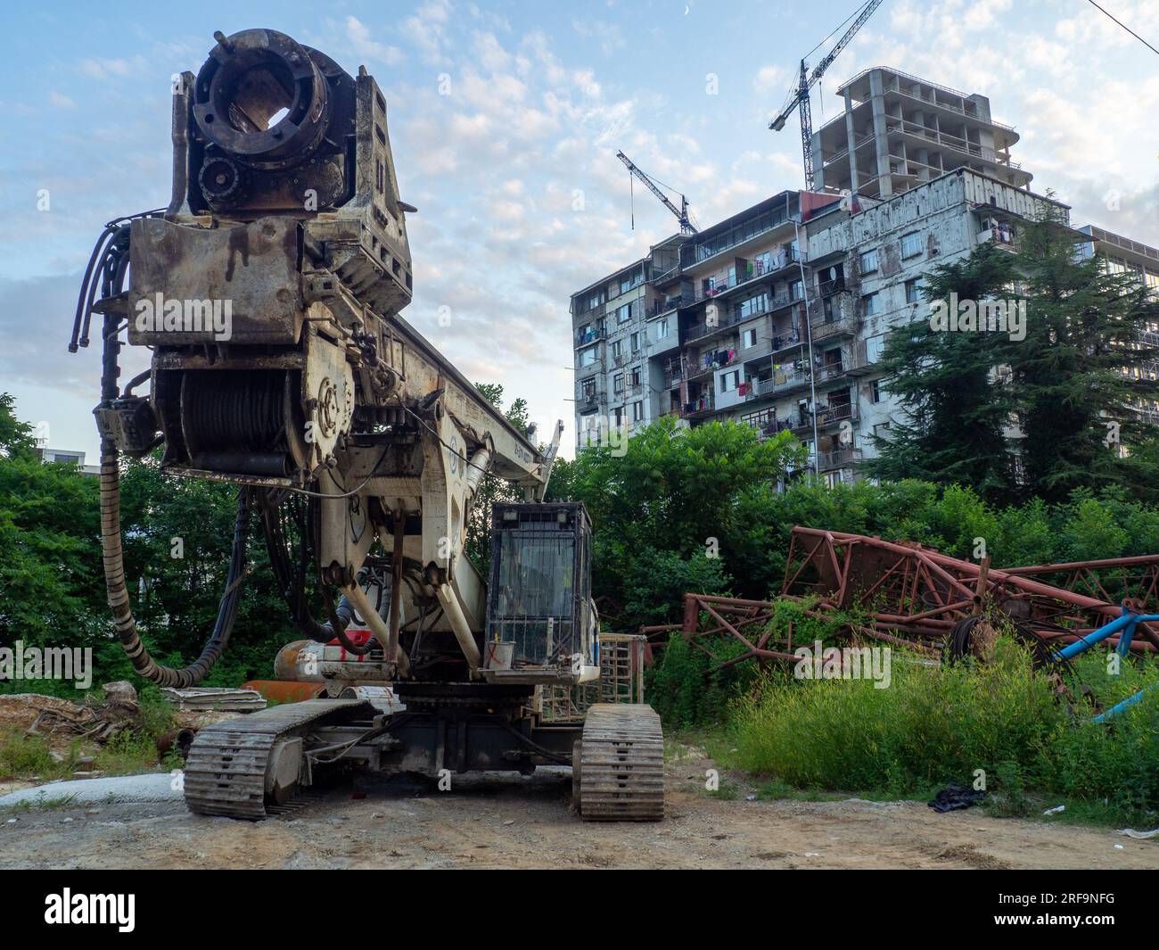 Construction equipment. Heavy machines for work. Driving piles. High ...