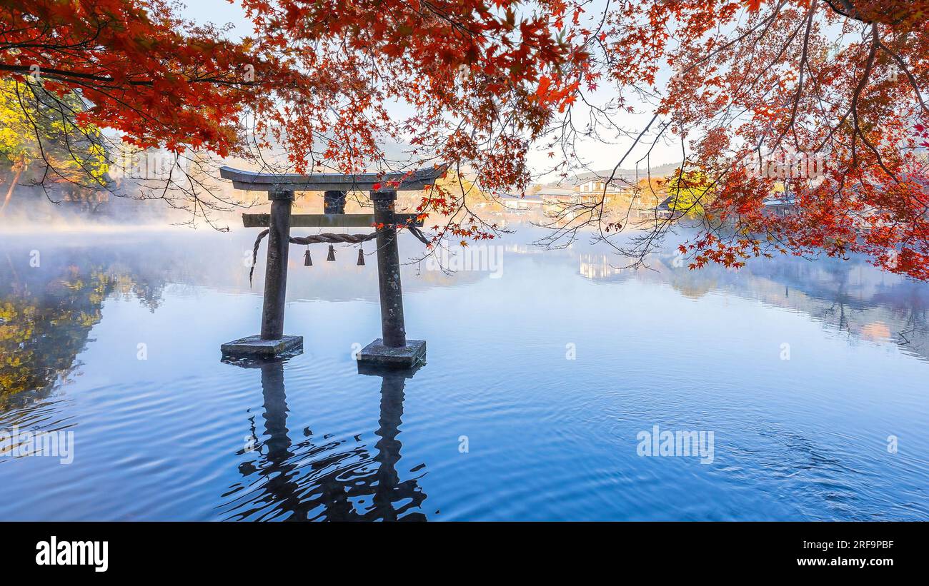 Yufuin, Japan - Nov 27 2022: Tenso-jinja shrine at lake Kinrin, is one ...