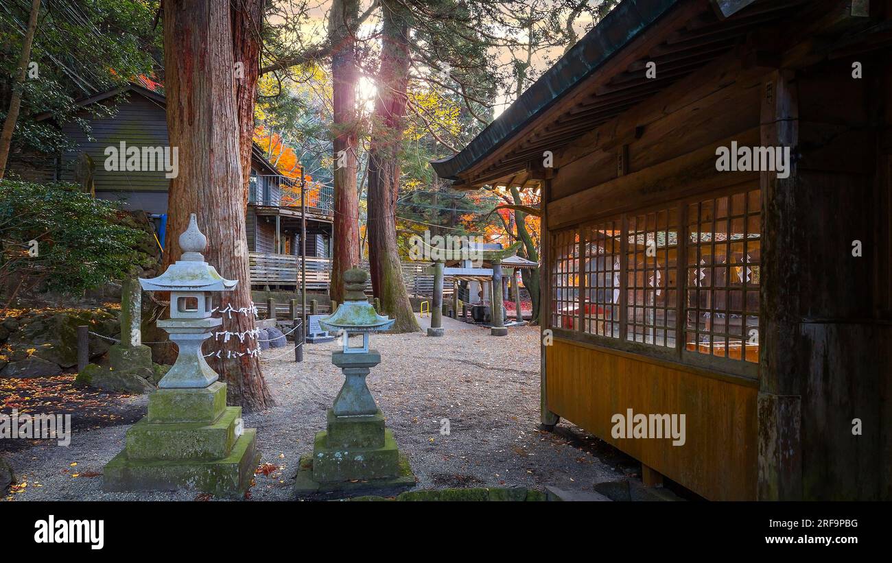 Yufuin, Japan - Nov 27 2022: Tenso-jinja shrine at lake Kinrin, is one ...