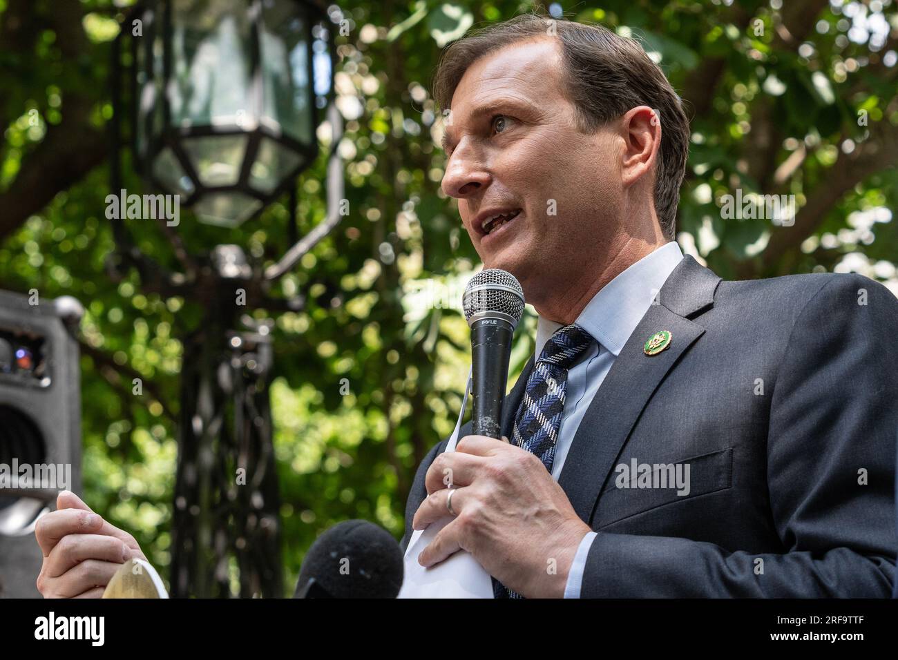 New York, USA. 01st Aug, 2023. Congressman Dan Goldman speaks at rally ...